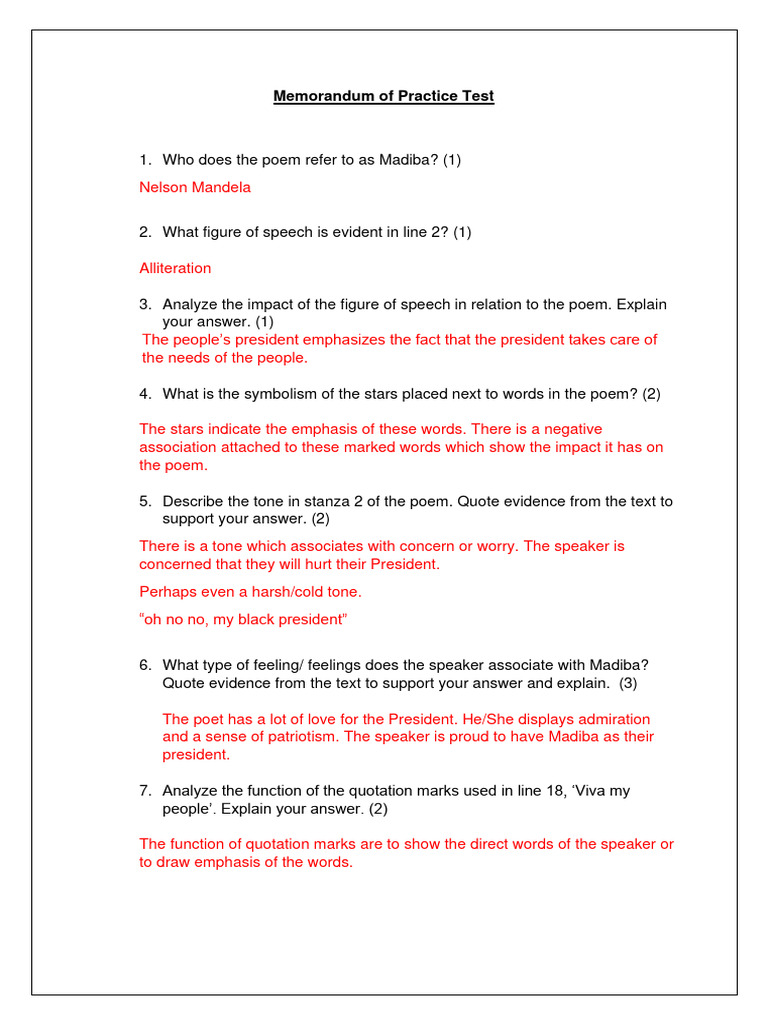 Practice Test Memo 2022 | Download Free PDF | Poetry | Nelson Mandela