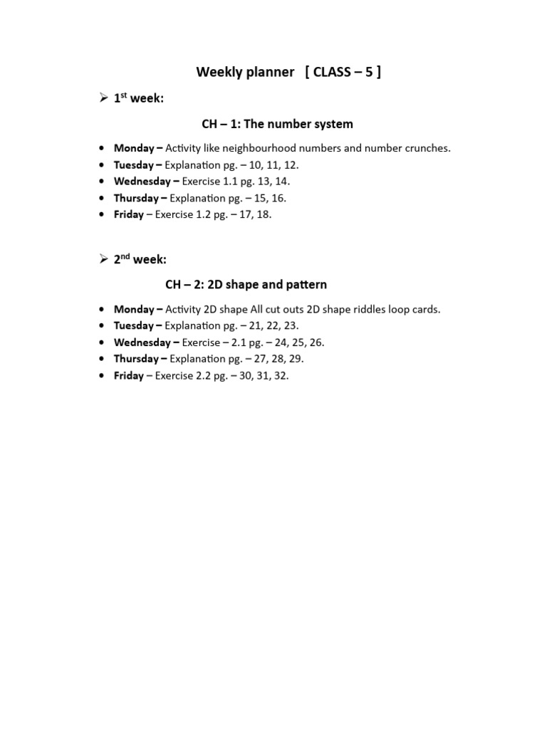 Weekly Planner Class 5th | PDF