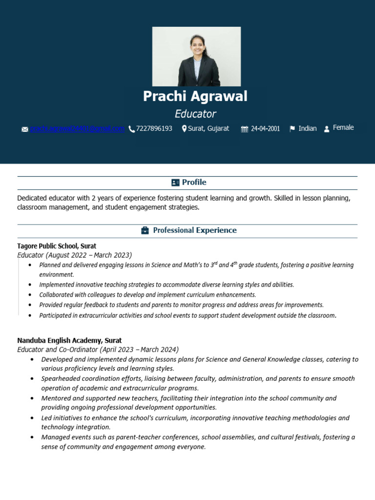 Prachi Agrawal Resume | PDF | Teachers | Schools