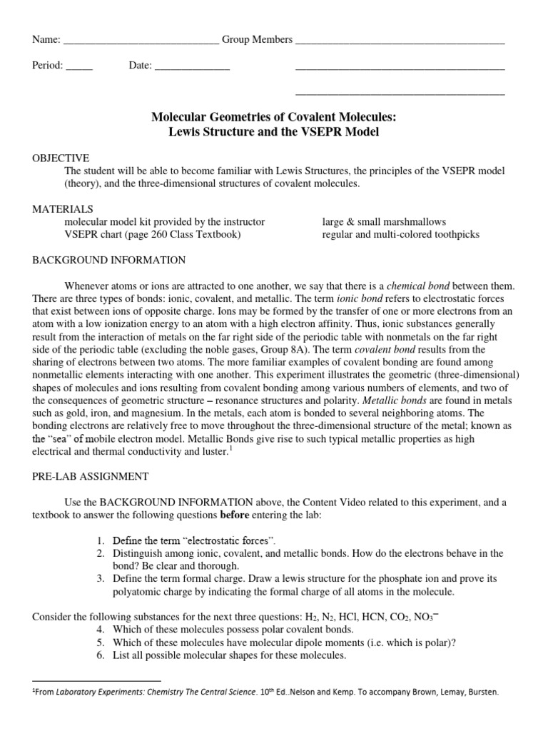 ,,Gr-11 Vespr - Lab Worksheet | PDF | Chemical Bond | Molecules