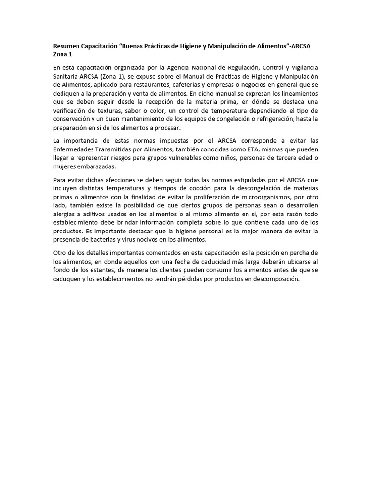 Resumen Capacitación ARCSA Zona 1 | PDF