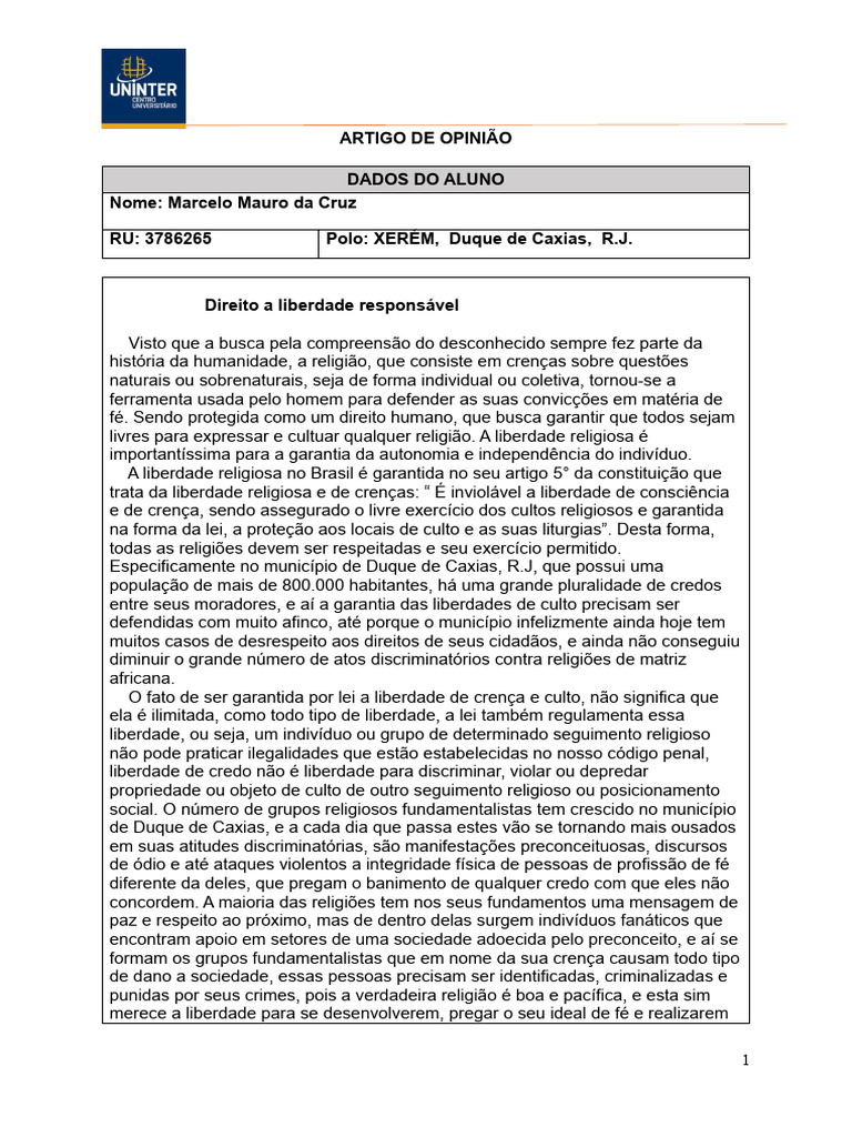 Artigo. Intolerância Religiosa Agosto 2023 | PDF | Liberdade de religião | Liberdade