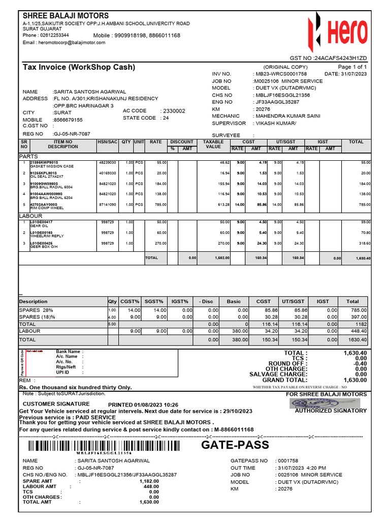 Shree Balaji Motors: Tax Invoice (Workshop Cash) | PDF | Public Finance | Payments