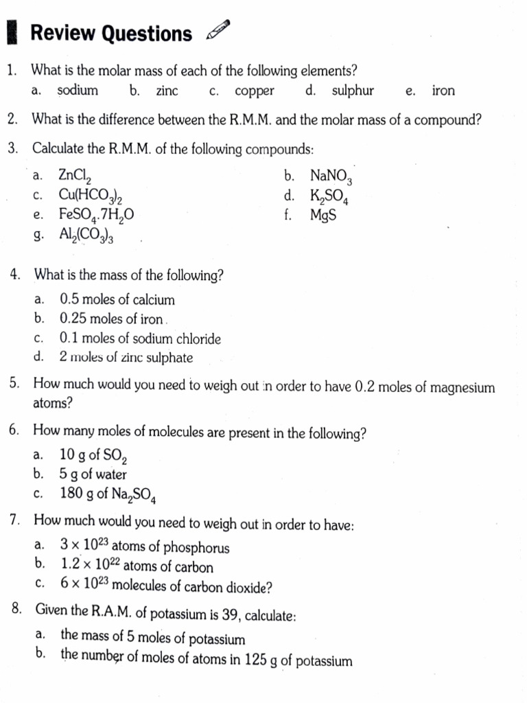 Molar Mass and Stoichiometry Review Questions | PDF | Oxide | Magnesium