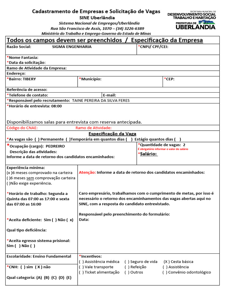 Formulário de Vagas | PDF