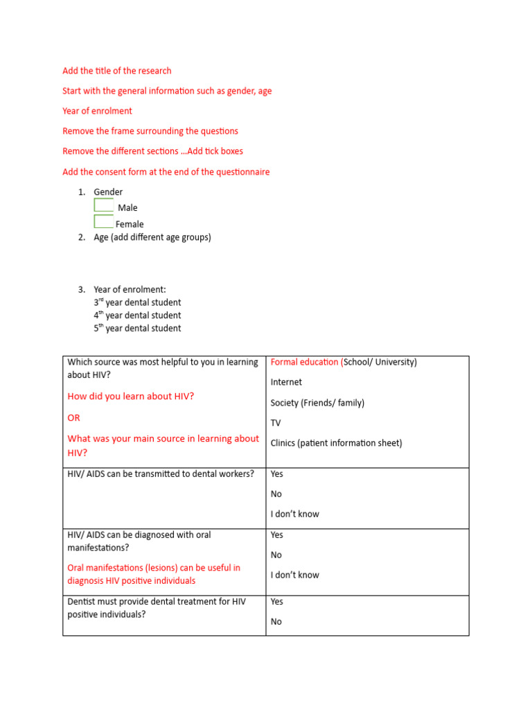questionnaire form 1 | PDF | Hiv/Aids | Hiv