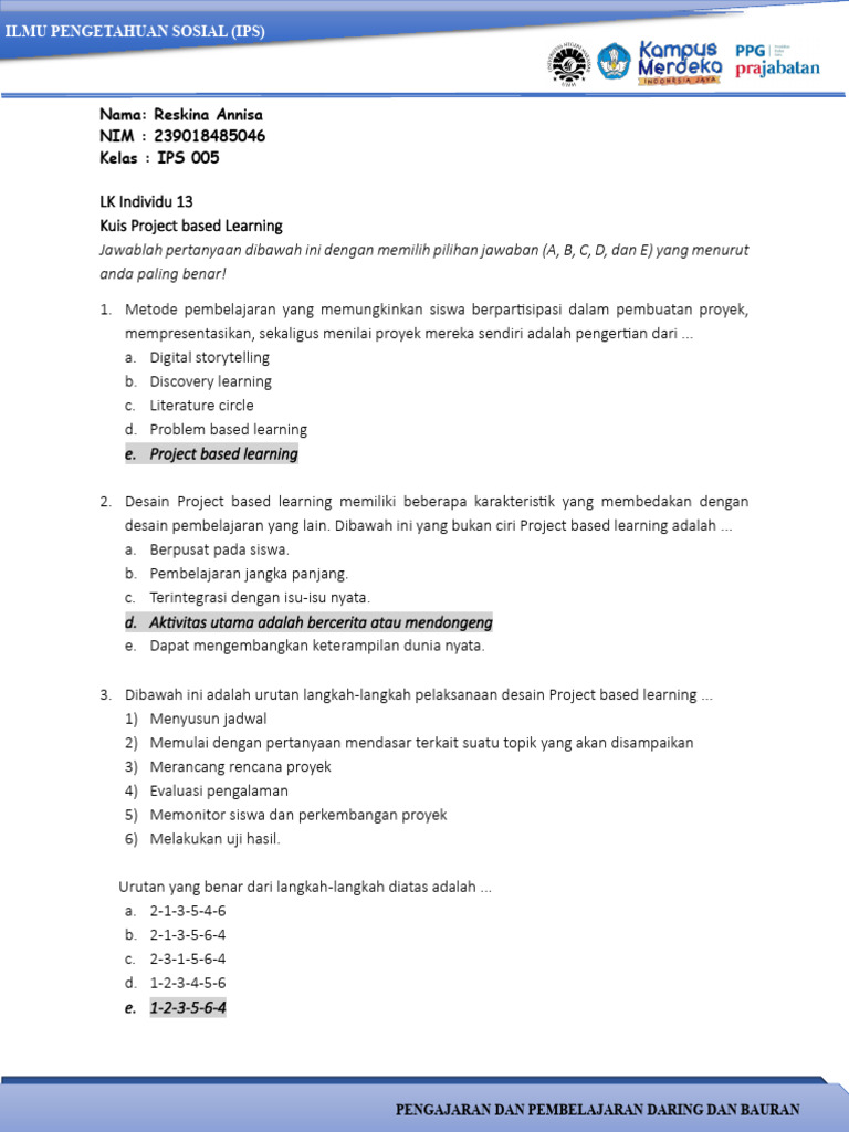 Lembar Kerja Individu Project Based Learning - Topik 1 - PPDB | PDF Lembar Kerja Individu Project Based Learning - Topik 1 - PPDB | PDF