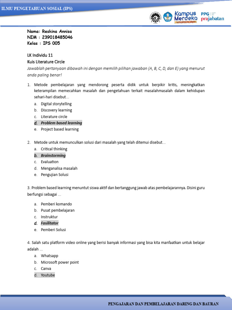 Lembar Kerja Individu Problem Based Learning - Topik 1 - PPDB | PDF