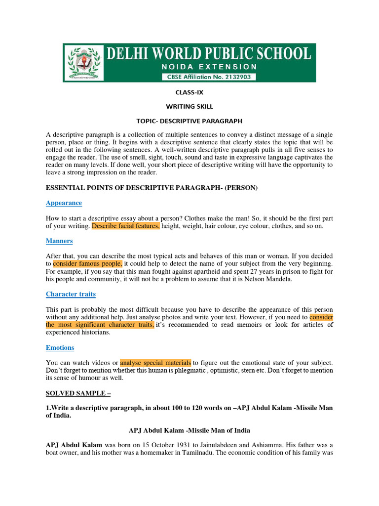 Descriptive Paragraph-( PERSON) | PDF