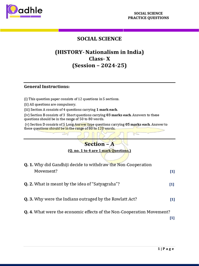 PRACTICE QUESTIONS-Social Science-10 [Nationalism in INDIA] | PDF ...