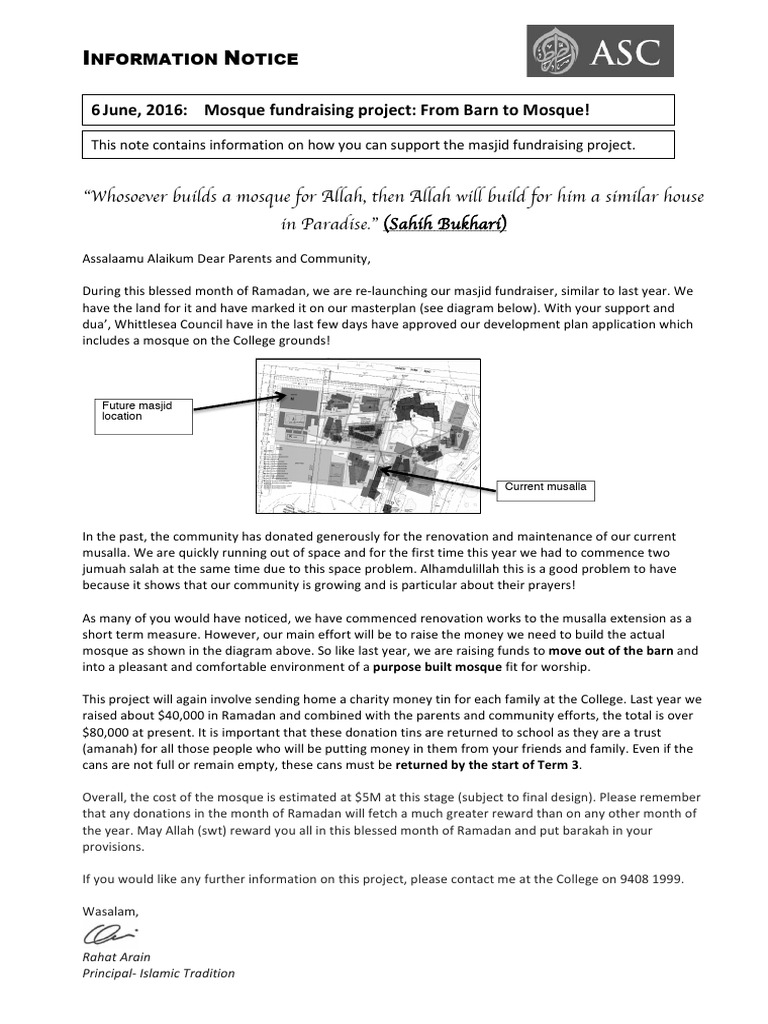Masjid Fundraising Letter 2016 | PDF | Mosque | Abrahamic Religions