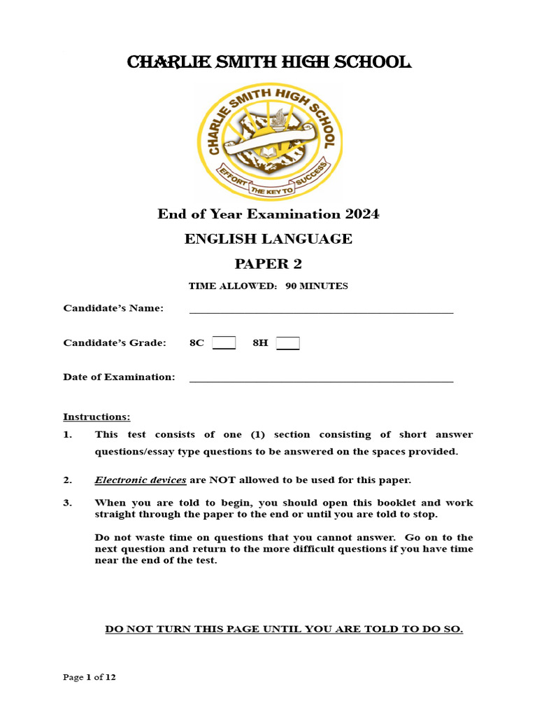 Year 8 End Of Year Exam Papers