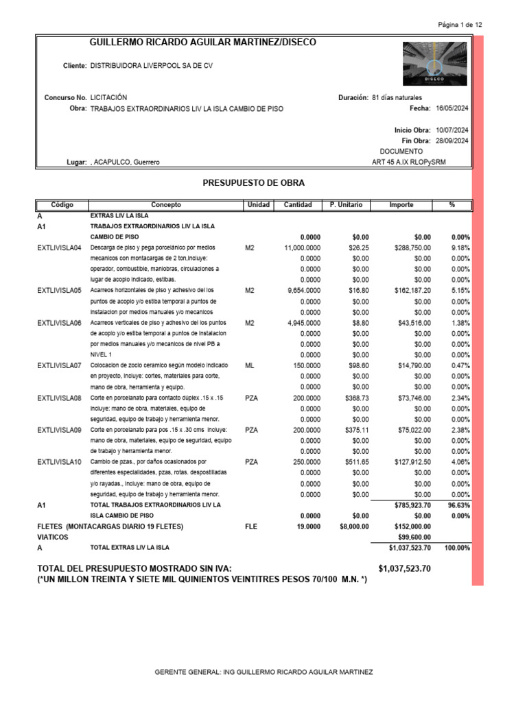 Rev-Presupuesto Extras Pisos Liv Aca Lisla | PDF | Producción y fabricación