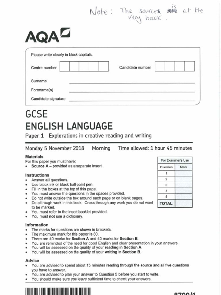 Exam Examples English Language Paper 1 | PDF