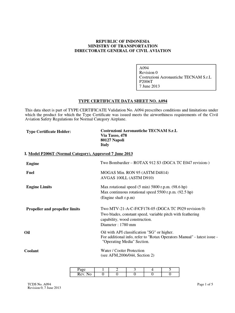 DGCA TCDS P2006T A094 Rev 0 | PDF | Aviation | Aircraft