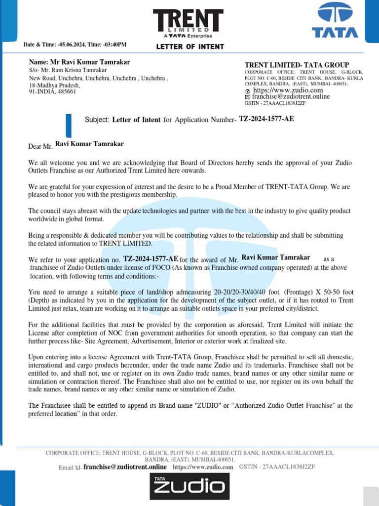 Franchise Approval- ''Letter of Intent'' to Mr Ravi Kumar Tamrakar ...