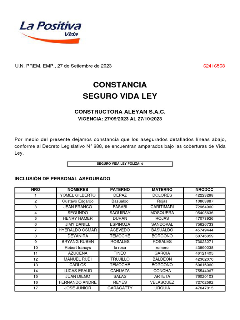 Constructora Aleyan S.A.C - Constancia Vida Ley | PDF