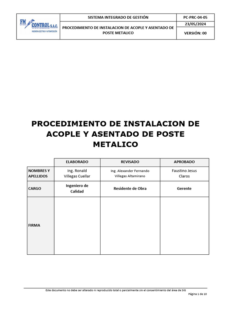Procedimiento Instalacion de Acople y Asentado de Poste Metalico | PDF ...