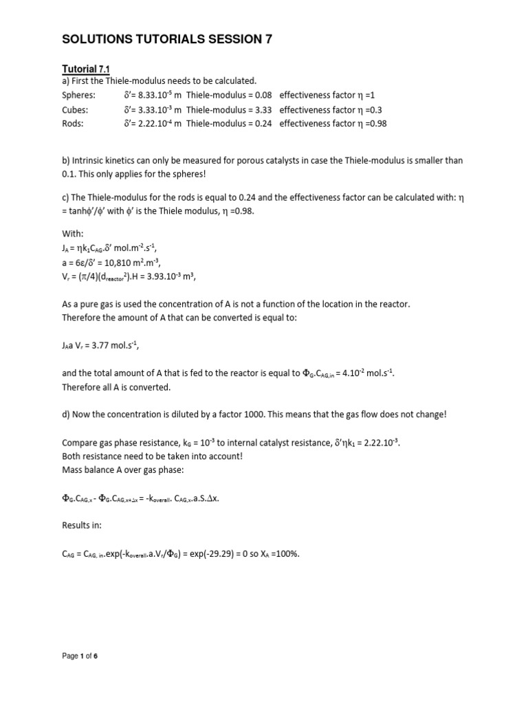 7 - Solutions Tutorials Session 7 | PDF | Chemical Reactor | Concentration