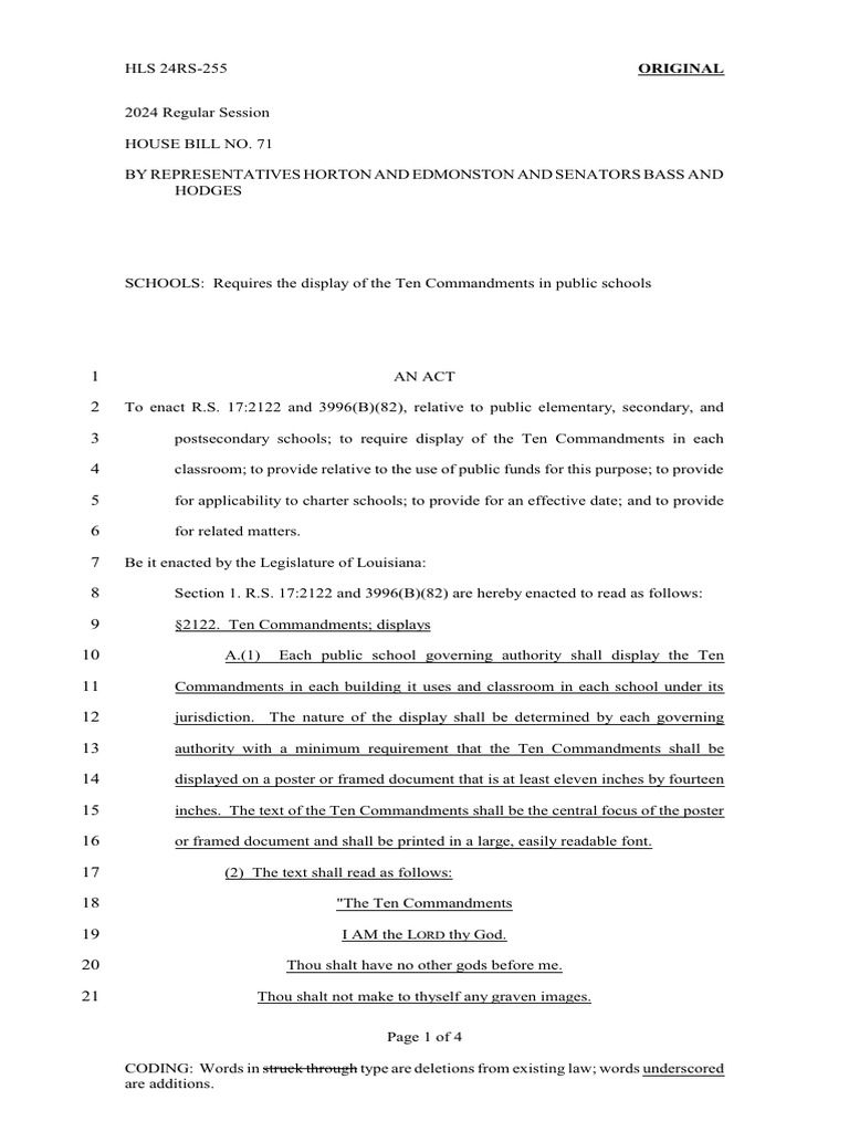 Louisiana 2024 HB71 Introduced | PDF | Ten Commandments | Government