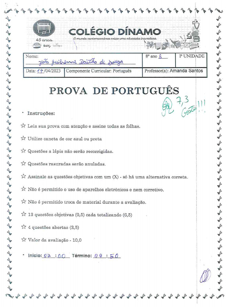 Prova Portugues 1 Unidade | PDF