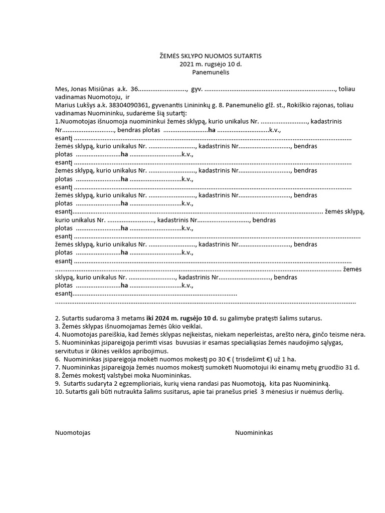 Žemės Sklypo Nuomos Sutartis | PDF