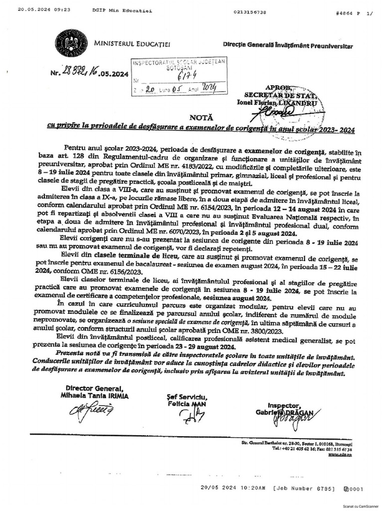 Nota ME DGIP 28372 16.05.2024 Corigente 2023-2024 | PDF