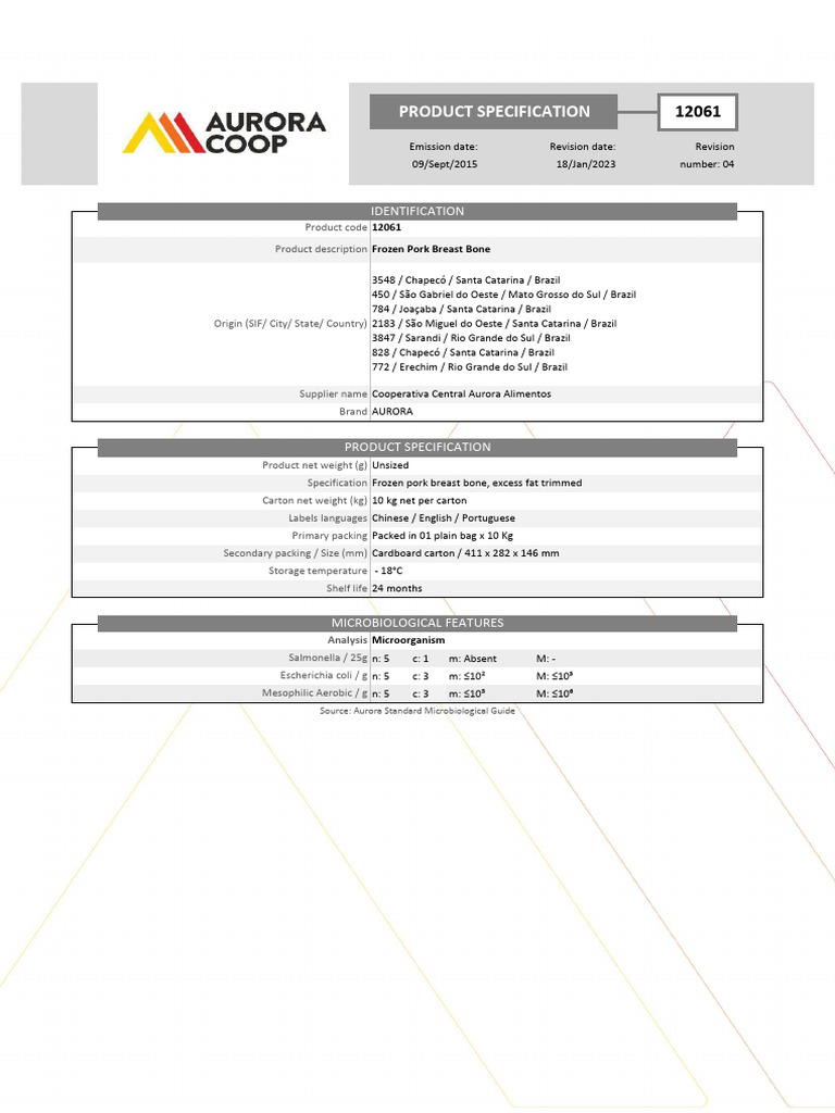 Specification 12061 Pork Breast Bone | PDF