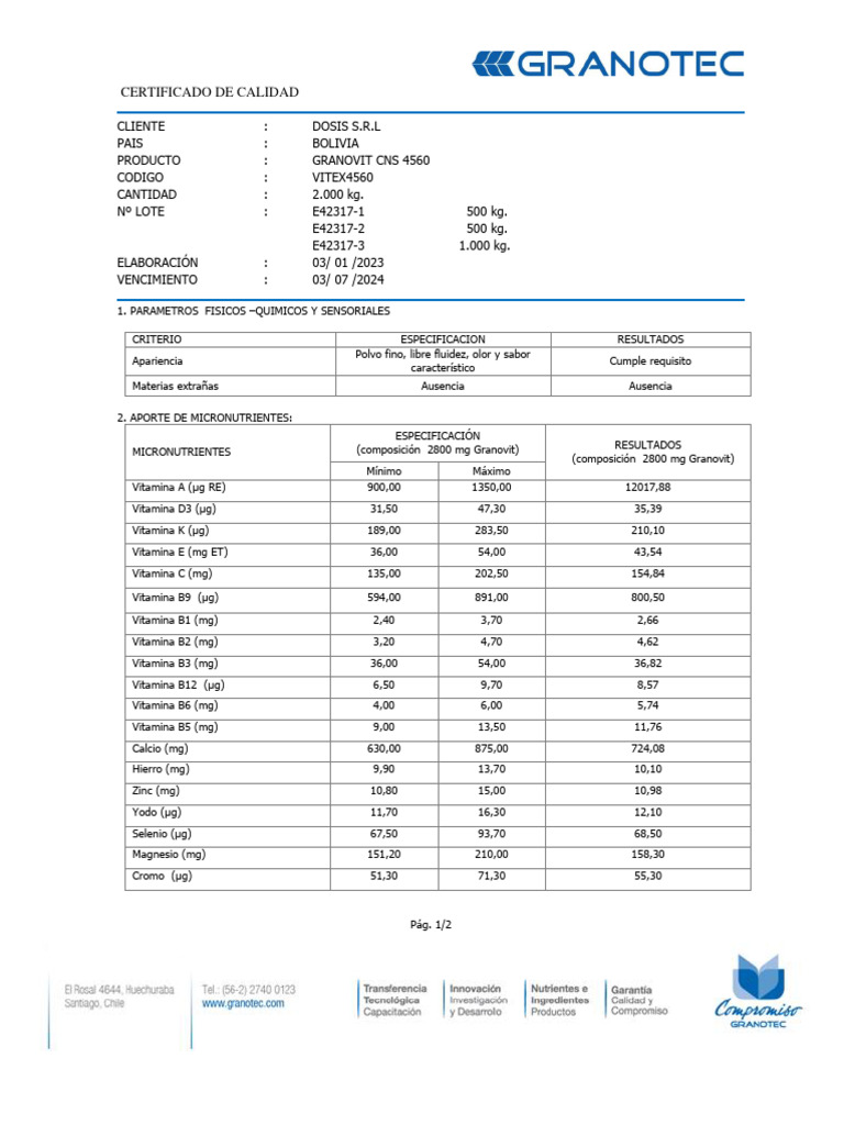 Imp - 0123 Cert. de Análisis - Granovit CNS 4560 E42317-1-2-3 | PDF ...