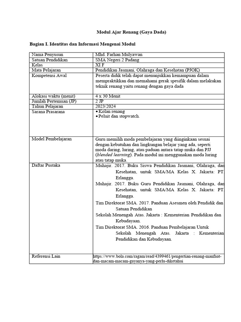 Modul Ajar Renang | PDF