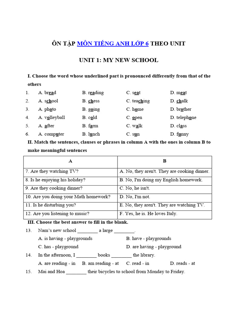 Bai Tap Nang Cao Tieng Anh Lop 6 Chuong Trinh Moi Unit 1 | PDF ...