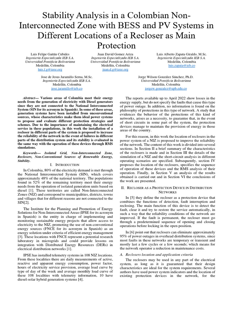 Stability Analysis in a Colombian NonInterconnected Zone with BESS and ...