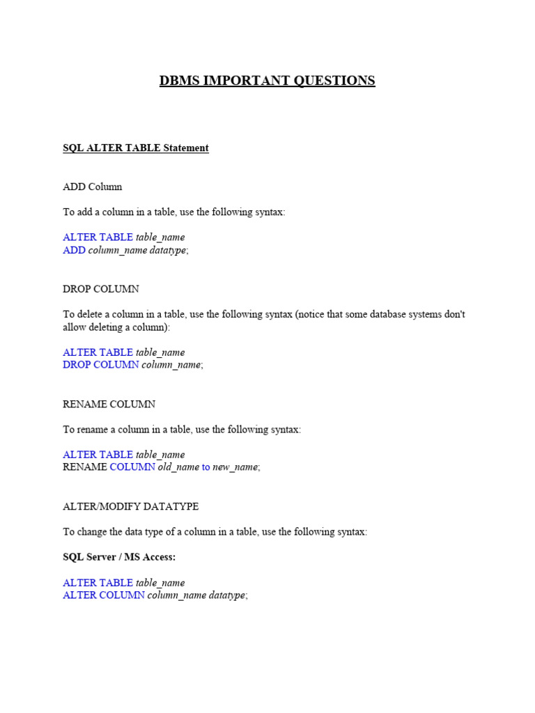 Dbms Important Questions | PDF | Table (Database) | Data Management