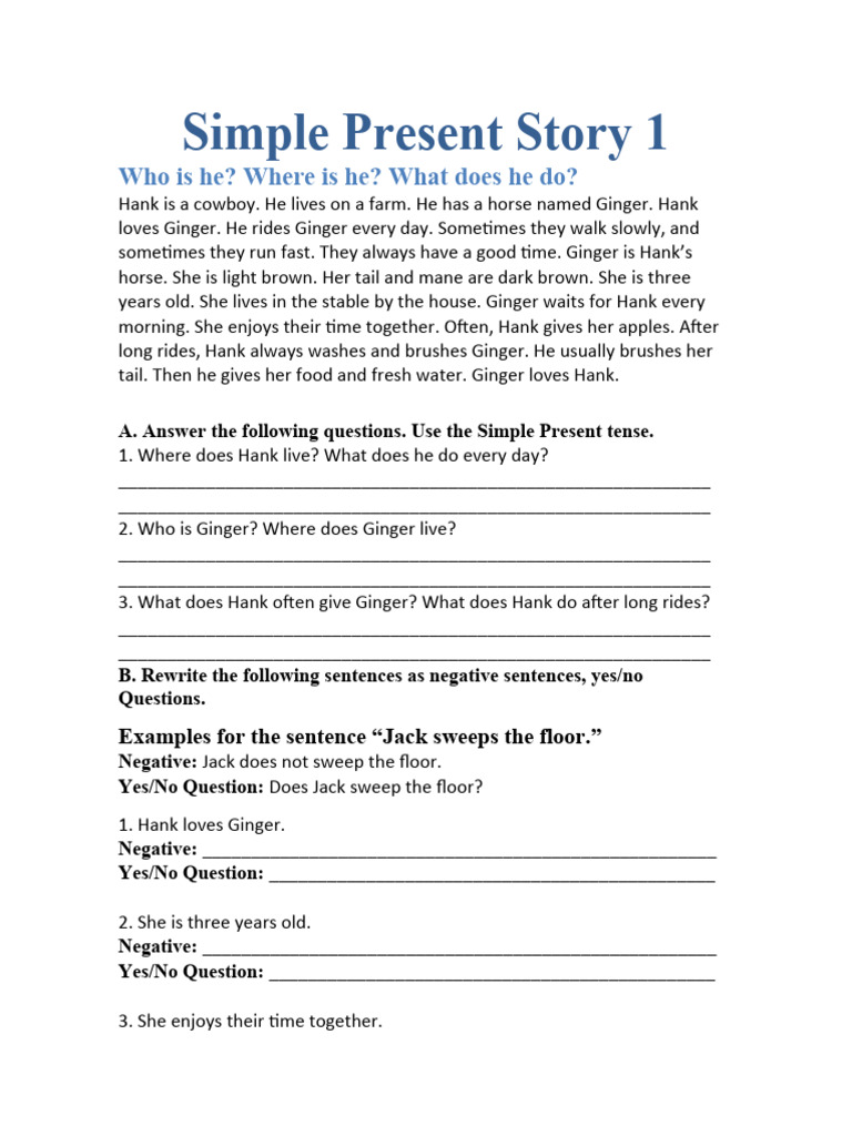 Simple Present Story 1 | PDF | Horses