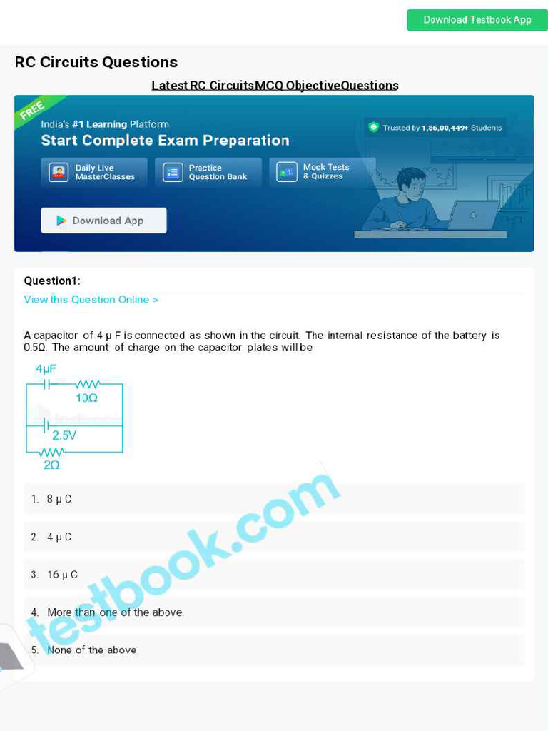 MCQ On RC Circuits 5eea6a1339140f30f369f081 | PDF