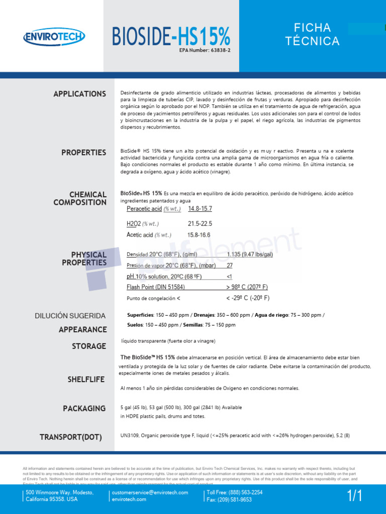 Bioside - Ficha Tecnica - Español + Diluciones | PDF | Agua | Química