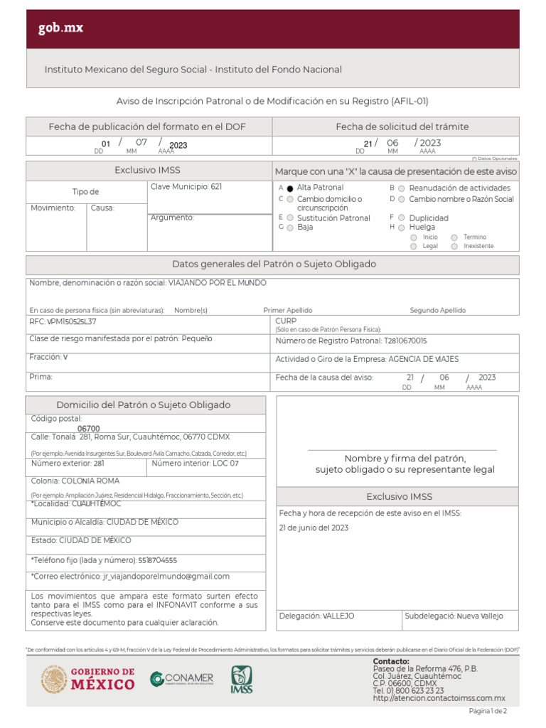 Ejemplo De Registro Patronal Imss Pdf México