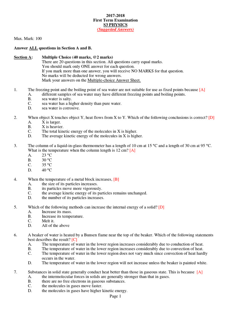 2017 - S3 - Mid (Post) Physics | PDF | Gases | Temperature