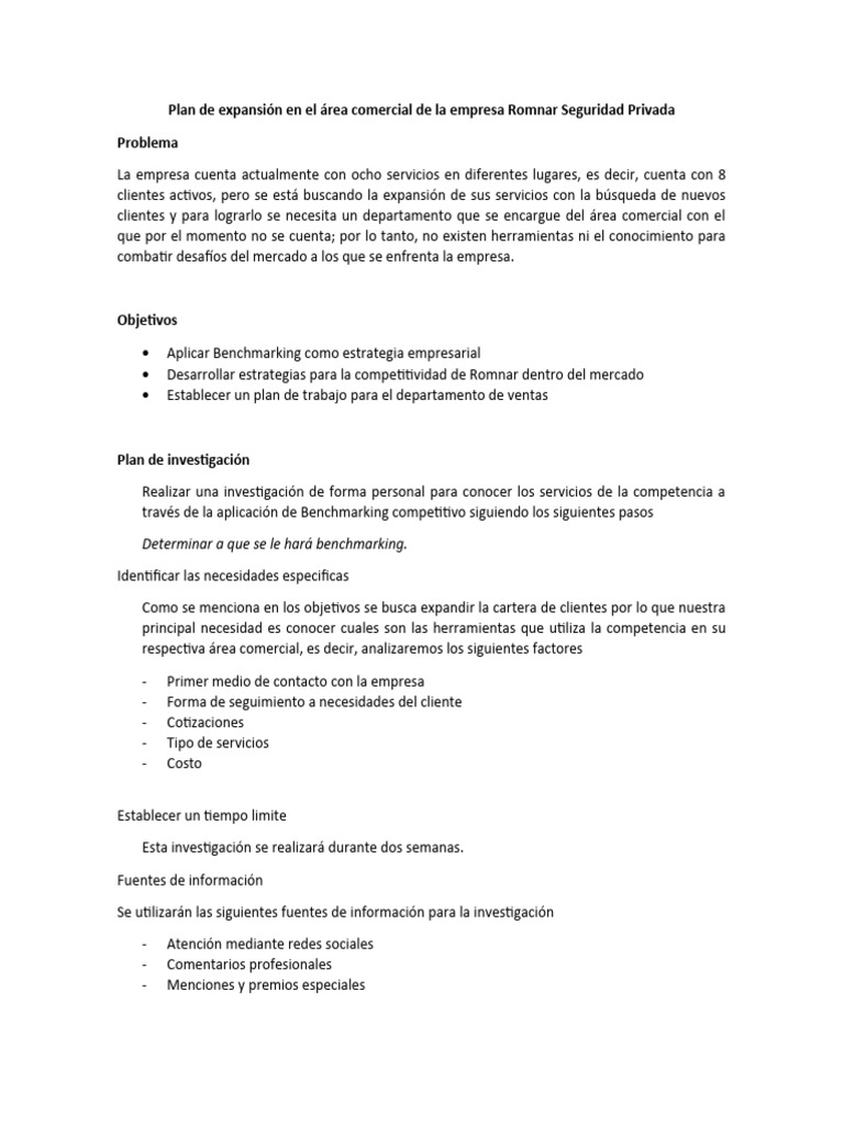 Plan de Expansión en El Área Comercial de La Empresa Romnar Seguridad ...