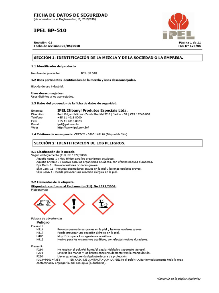 04-808 - 10279386 - Ipel BP 510 (MSDS) Sga Esp. | PDF | Toxicidad | Química