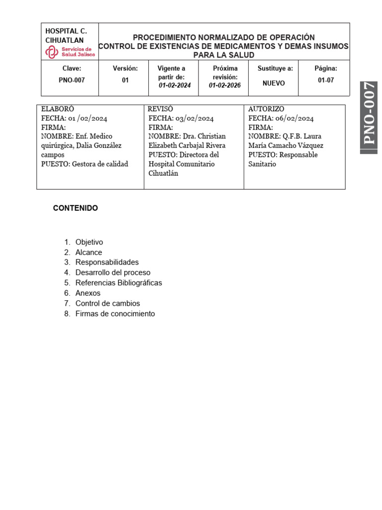 Pno 007 Control de Existencias de Medicamentos y Demas Insumos para La ...