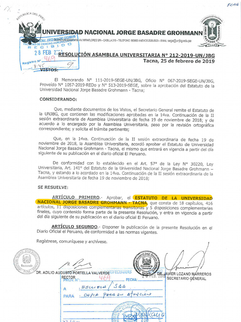 Estatuto de La UNJBG (Resolución 212-2019) | PDF