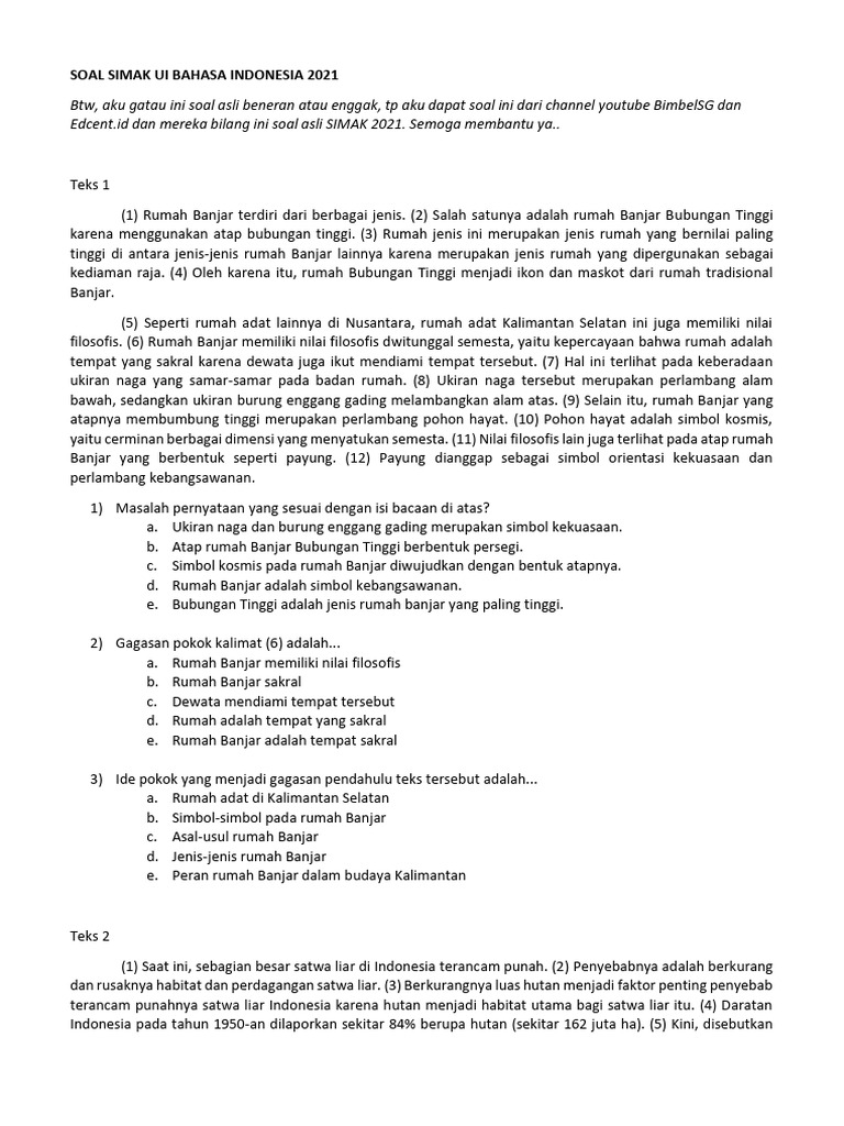 Soal SIMAK UI Bahasa Indonesia 2021 | PDF