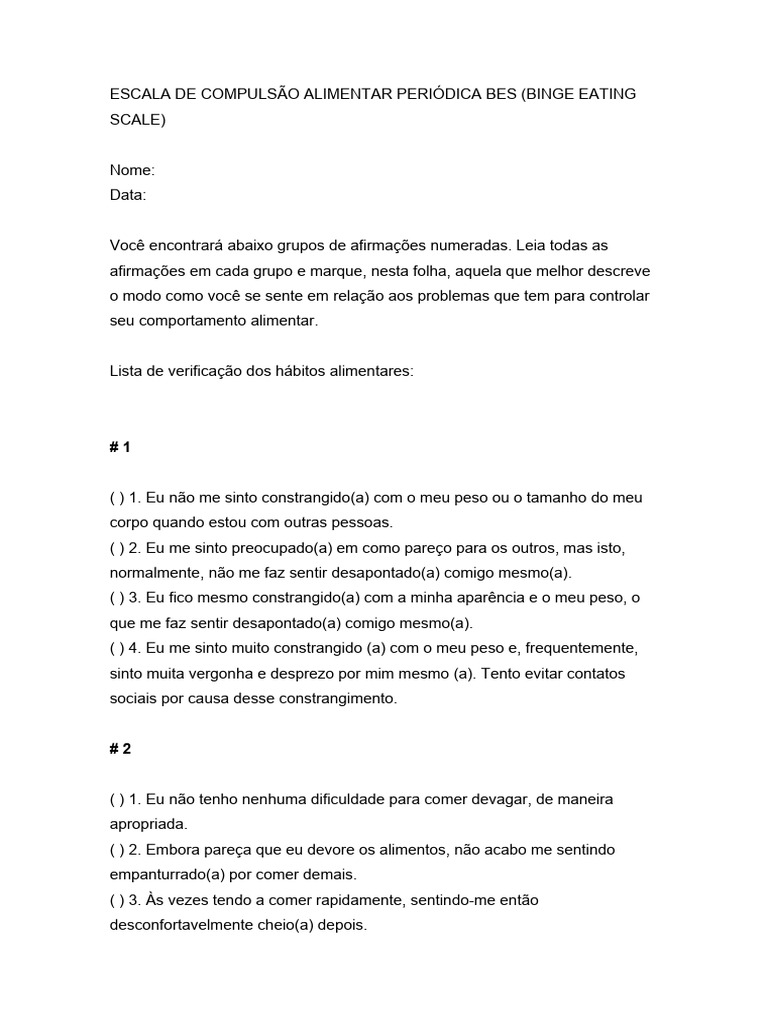 ESCALA DE COMPULSÃO ALIMENTAR- Axeo 3 | PDF | Alimentos | Pensamento