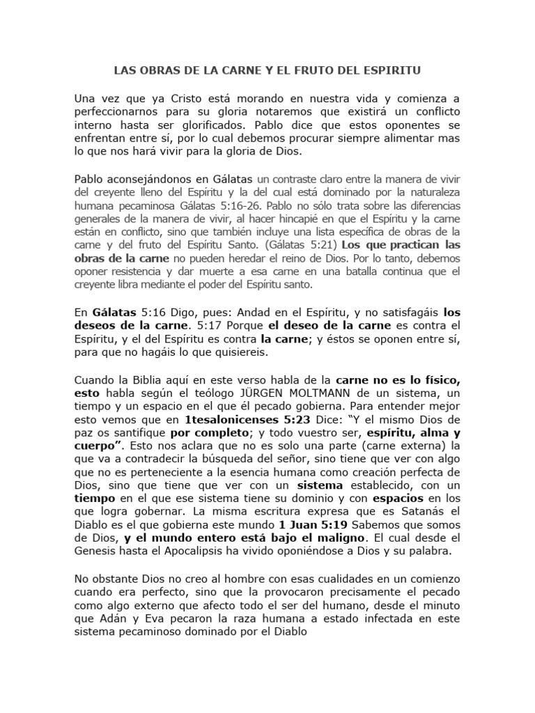 LAS OBRAS DE LA CARNE Y EL FRUTO DEL ESPIRITU | PDF | Pecado | Fruto ...