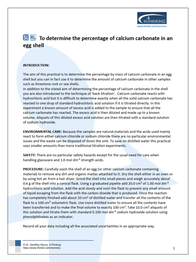Calcium Carbonate in Eggshells Analysis | PDF | Titration | Chemistry