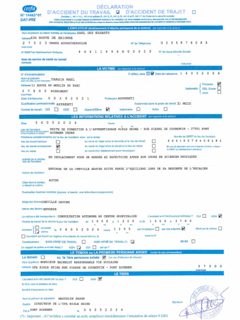 UFA RS Déclaration D'accident Du Travail TARSIAL Mael TER BAC CAR G1 | PDF