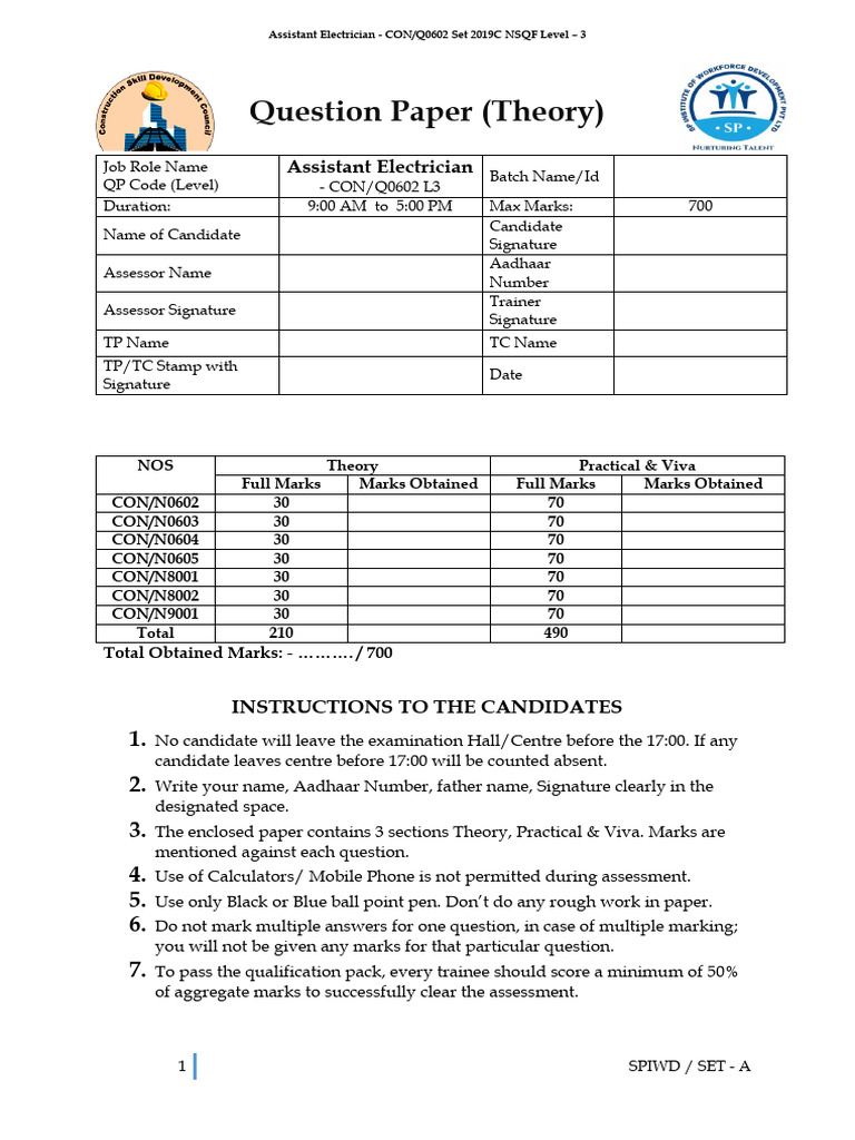 Assistant Electrician Theory Question Paper | PDF