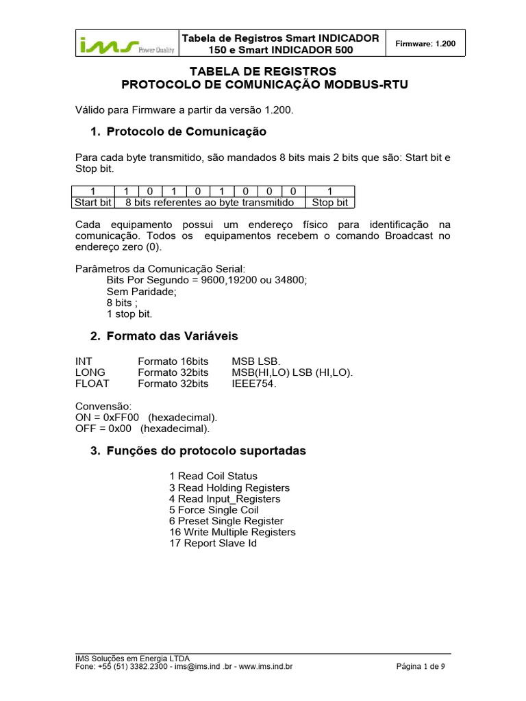 Tabela Registros Smart Indicador 150 e 500 V1201 | PDF | Energia ...