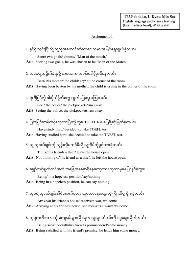 Writing Assignments (Intermediate Level), TU-Pakokku, U Kyaw Min Soe. - 072004 | PDF